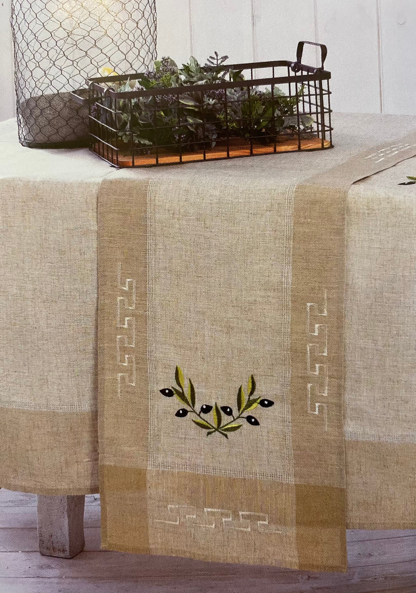 Linen Table Runner with Embroider Olive Branch and Greek Key OBC5 ...